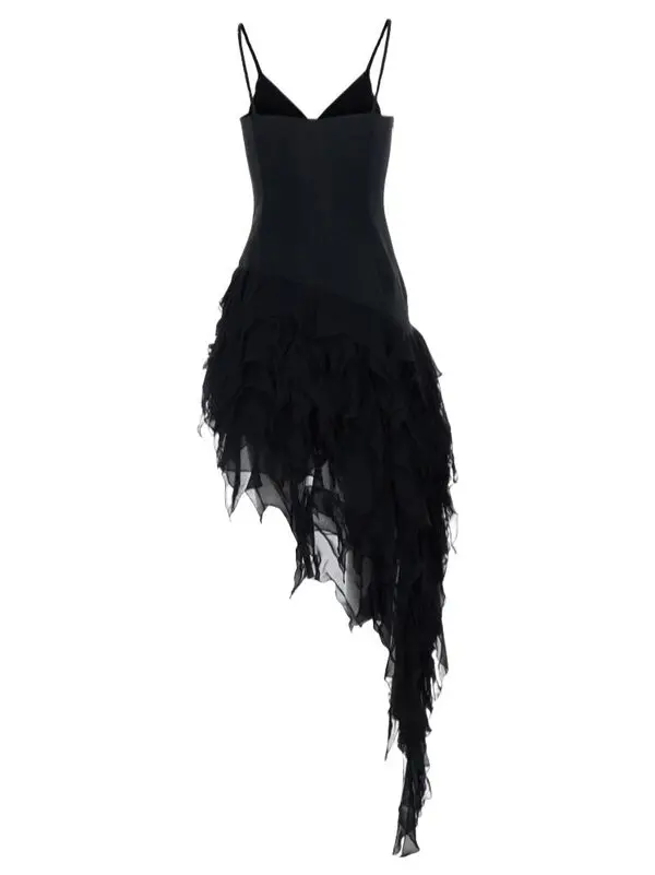 Blumarine Ruffled Asymmetric V-neck Long Dress - Black