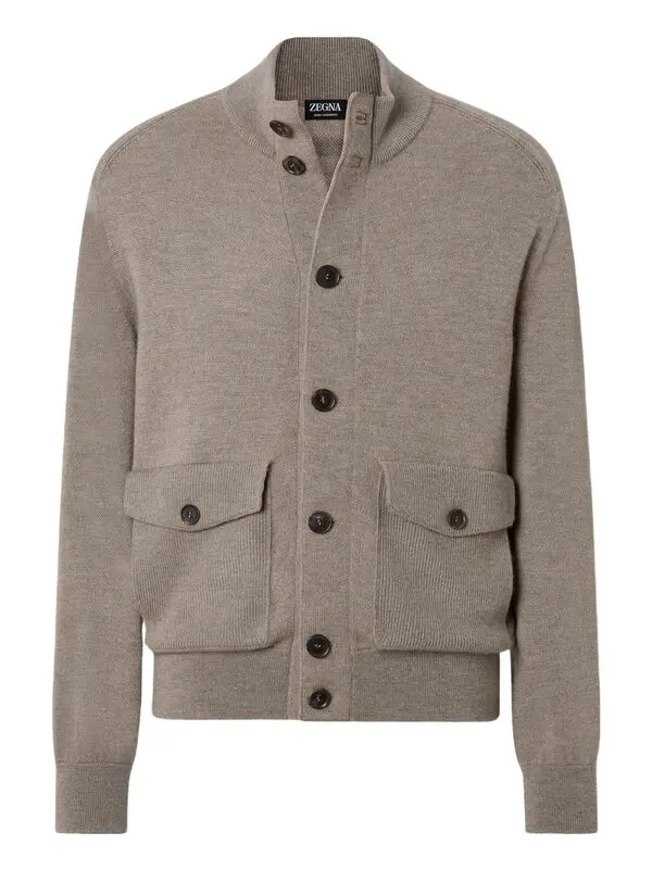 Zegna Ribbed Cardigan With Stand Collar And Flap Pockets - Light Taupe Mixed Colors