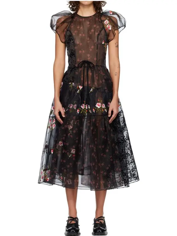 Simone Rocha Sheer Puff Sleeve Floral Embroidered Tulle Dress - Black