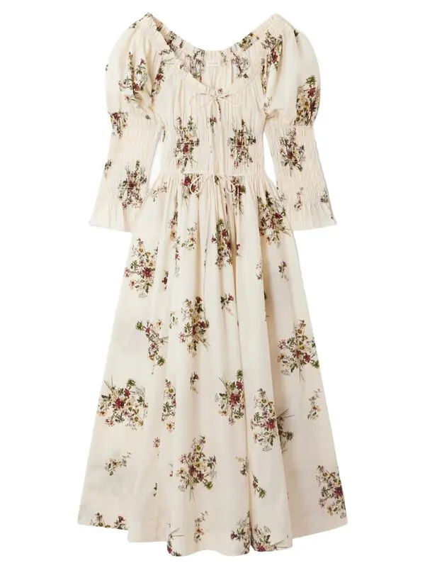 DÔEN Kaira Shirred Floral-print Midi Dress - Multi-color