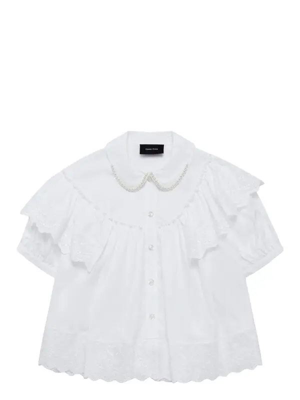 Simone Rocha Puff Sleeve Ruffle Shirt With Pearl Embellished Peter Pan Collar - White