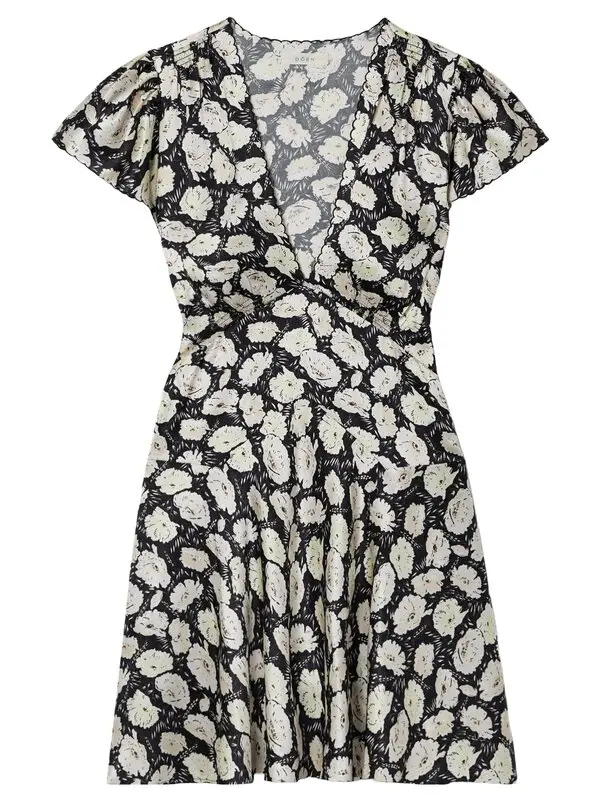 DÔEN Dianne Floral-print Silk-satin Mini Dress - Black And Ivory
