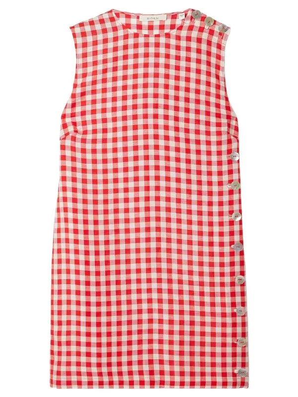 DÔEN Gingham Plaid Round Neck Button Detailed Dress - Red