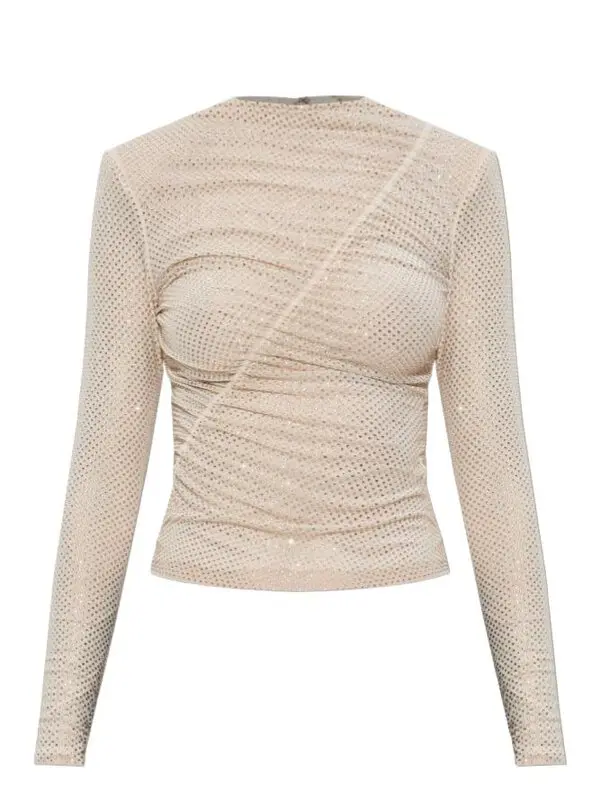SELF-PORTRAIT Crystal-embellished Long Sleeve Top - Champagne-colored