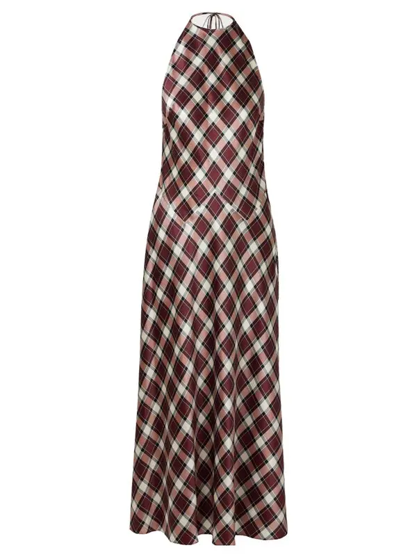 DÔEN Maxime Checked Silk-satin Halterneck Maxi Dress - Wine Red