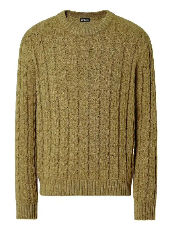 Zegna Crew Neck Cable Knit Sweater - Olive Green Mixed Color