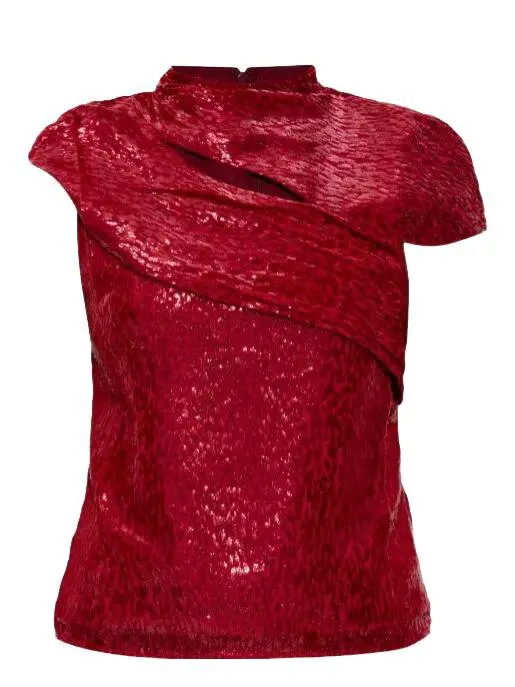 SELF-PORTRAIT Draped Lurex Blouse With Cutouts - Red