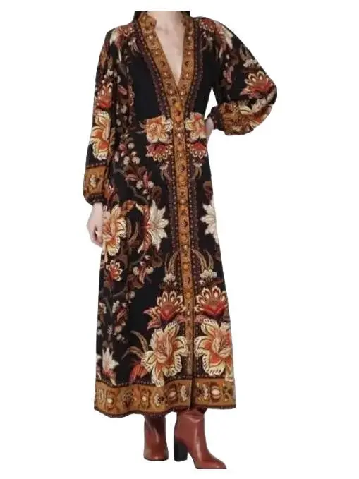 Farm Rio V-neck Maxi Dress With Floral Print - Black