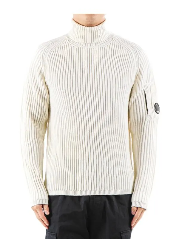 C.P. COMPANY Ribbed Turtleneck Sweater With Lens Detail - Ivory White