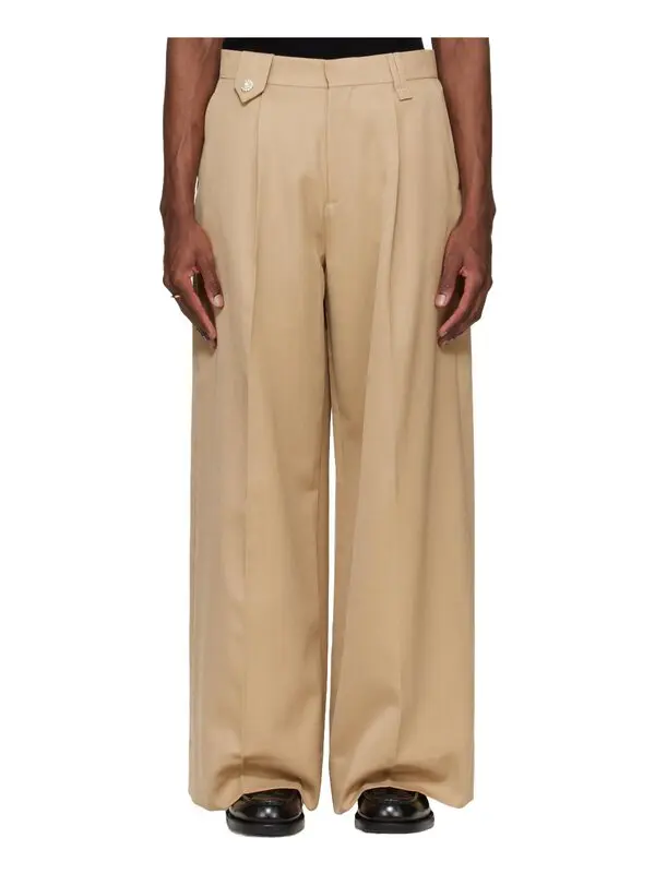 Simone Rocha Wide-leg Pleated Trousers With Faux Pearl Snaps - Sand-colored