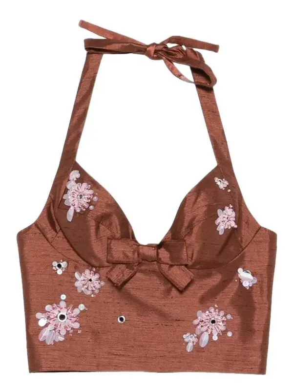 SHUSHU/TONG Embellished Bow Detail Halter Top - Brown