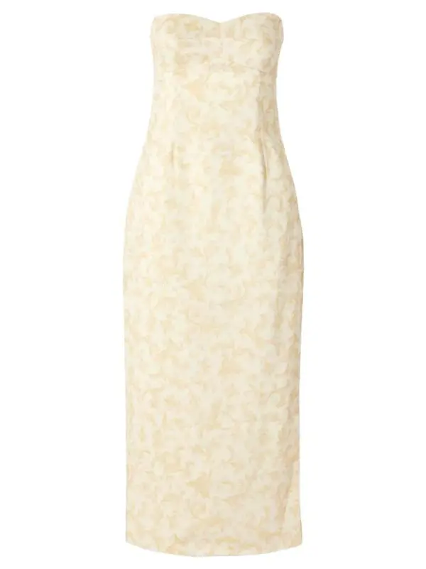 Posse Isla Strapless Floral-print Linen And Silk-blend Midi Dress - Pastel Yellow
