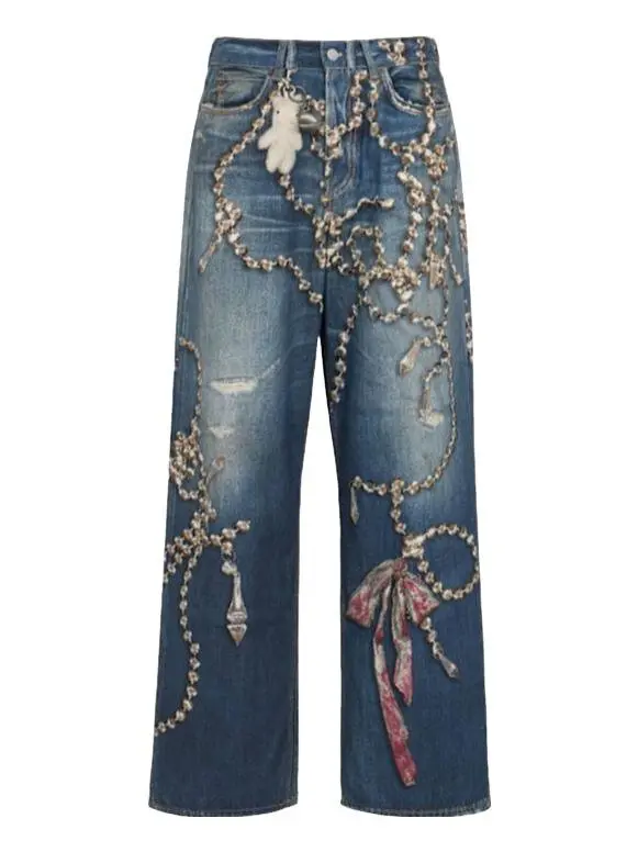 Acne Studios Distressed Denim Jeans With Trompe L'oeil Print - Blue
