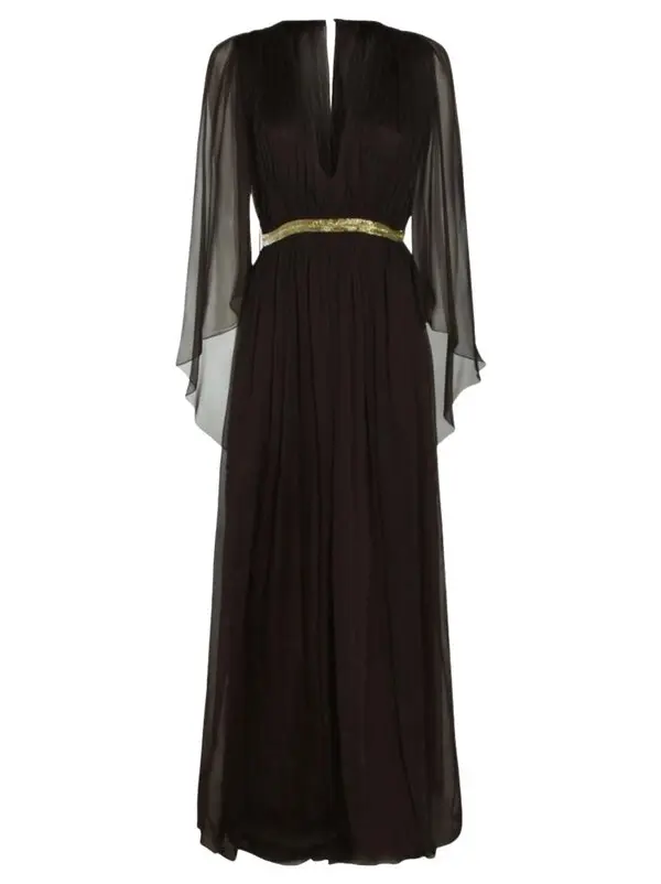 Alberta Ferretti Pleated Belted Maxi Dress - Dark Brown