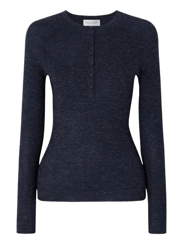 Gabriela Hearst Ribbed Cashmere, Silk And Hemp-blend Henley Top - Navy Blue