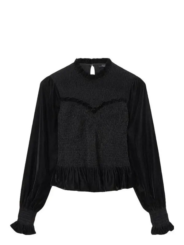 ALLSAINTS Juno Shirred Top With Ruffle Details And Elasticated Cuffs - Velvet Black