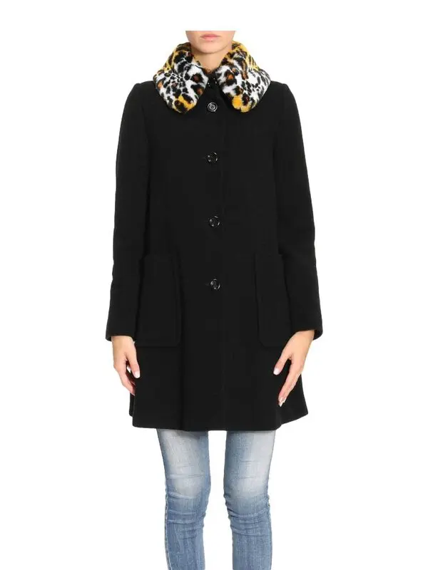 Moschino Long-sleeved Coat With Leopard Print Fur Collar - Black