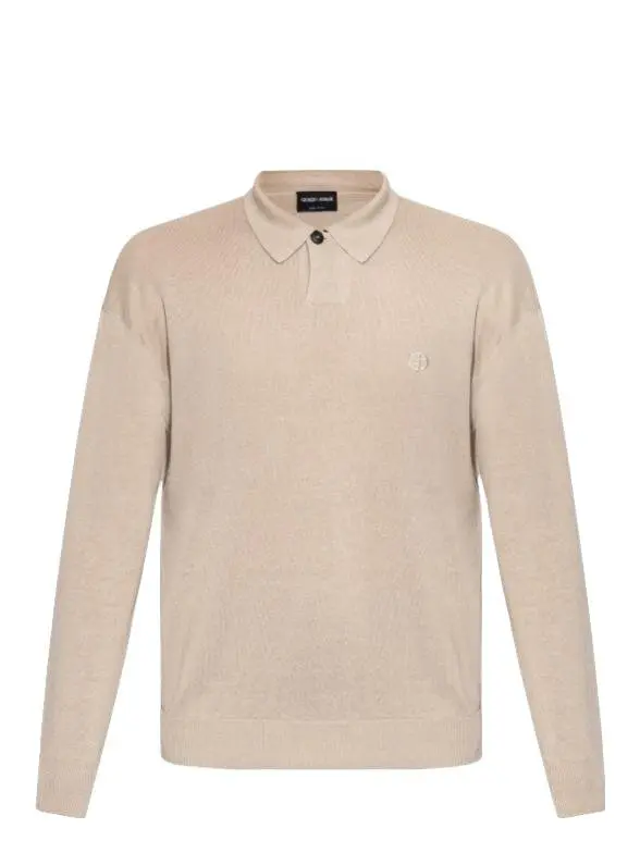 Giorgio Armani Long Sleeved Logo Embroidered Polo Shirt - Nude