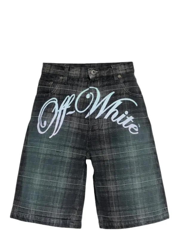 Off-White Plaid Logo Print Denim Shorts - Black