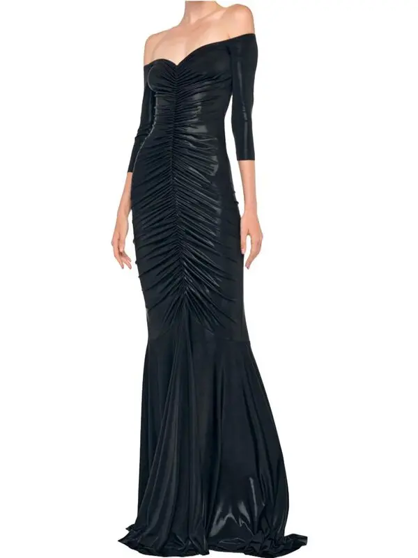 Norma Kamali Off-shoulder Shirred Fishtail Gown - Black