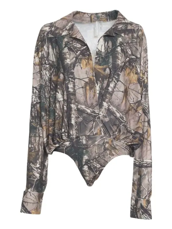 Norma Kamali Super Oversized Boyfriend Shirt Bodysuit In Camouflage Print - Black
