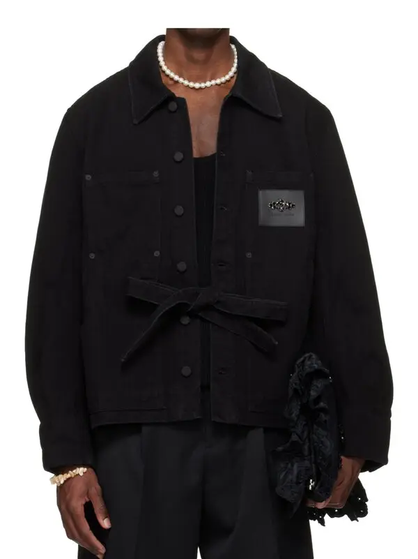 Simone Rocha Denim Jacket With Crystal-cut Appliqué Logo - Black