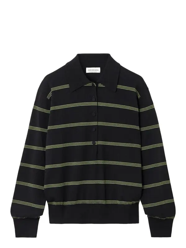 Dries Van Noten Striped Merino Wool Polo Shirt - Black