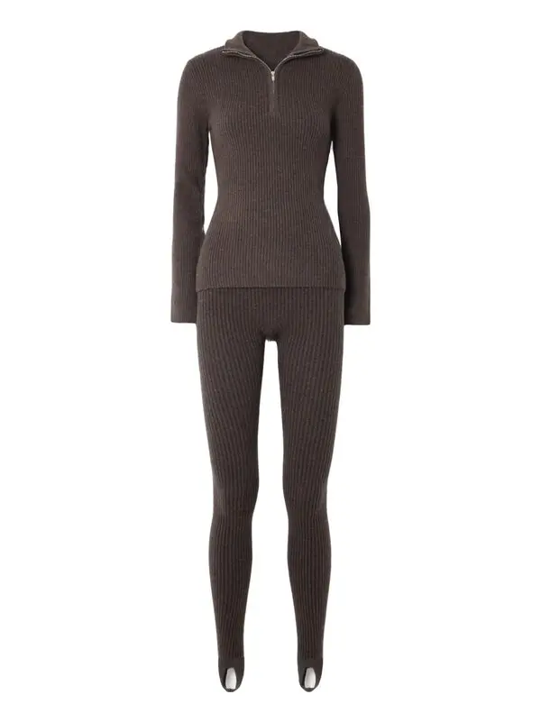 Arch4 Ribbed Cashmere Half-zip Sweater And Stirrup Leggings Set - Brown