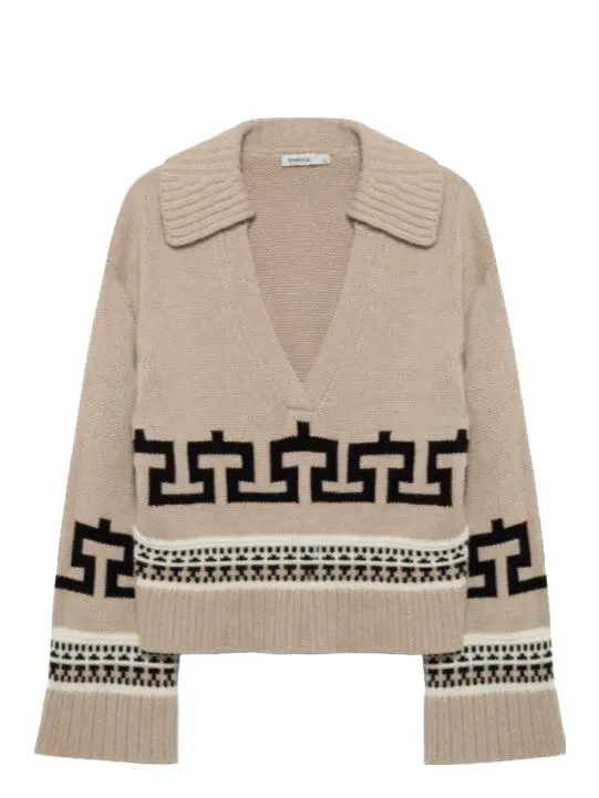Simkhai Long-sleeve Collared Sweater With Geometric Print - Sand Melange Multi