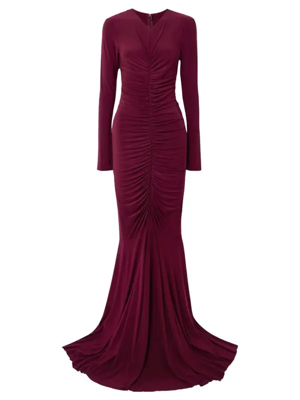 Norma Kamali Shirred Front Fishtail Gown - Plum