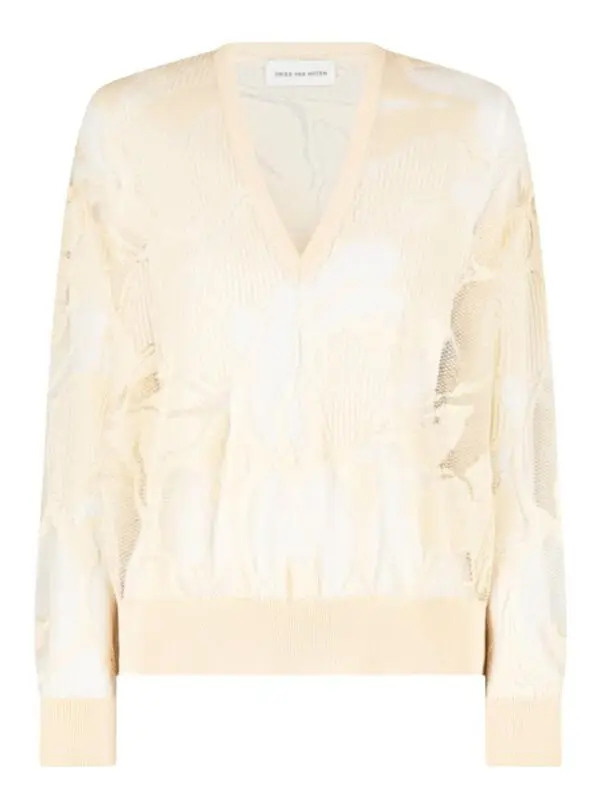 Dries Van Noten V-neck Knitwear With Floral Pattern - Cream