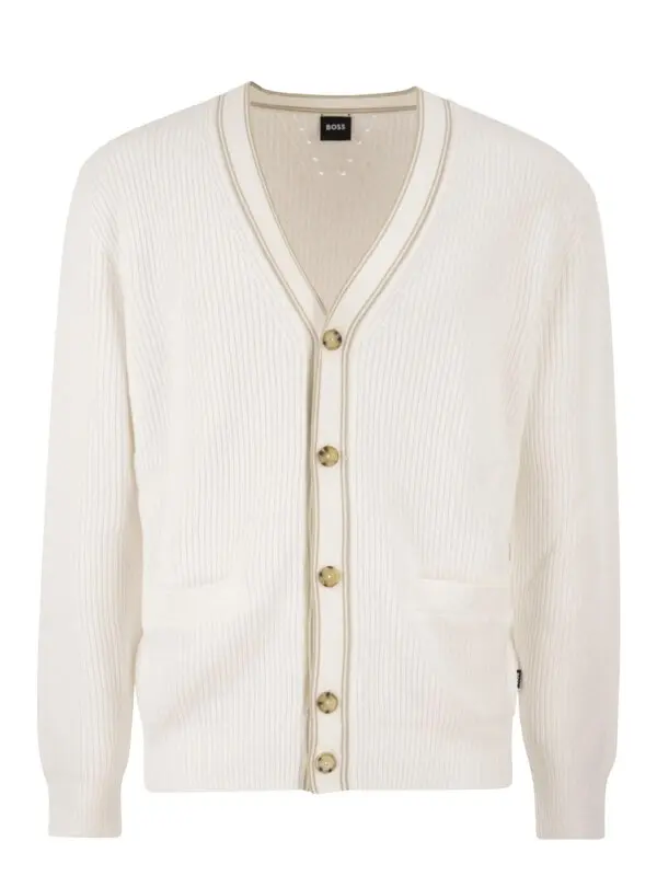 Hugo Boss Ribbed Contrast Trim Cardigan - White
