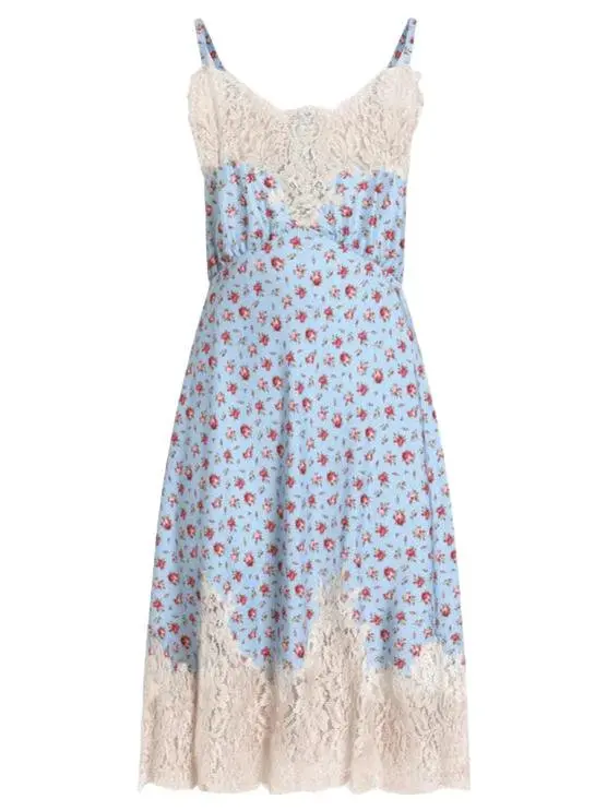 Dolce & Gabbana Floral Print Midi Dress With Lace Trim - Blue