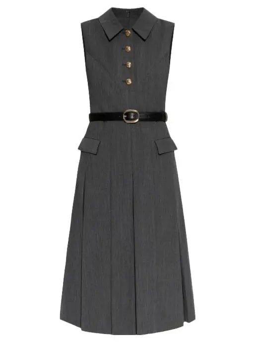 SELF-PORTRAIT Sleeveless Belted Dress With Gold Embossed Buttons - Black