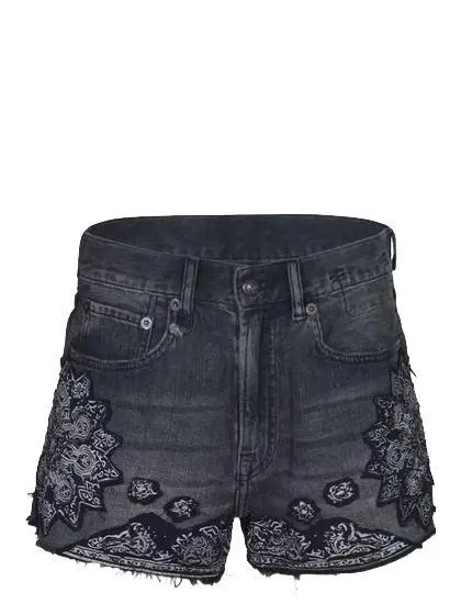 R13 X-boyfriend Distressed Denim Shorts With Paisley Applique - Black