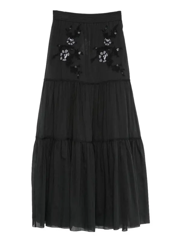 Ermanno Scervino Maxi Skirt With Elasticated Waistband And Floral Embellishments - Black