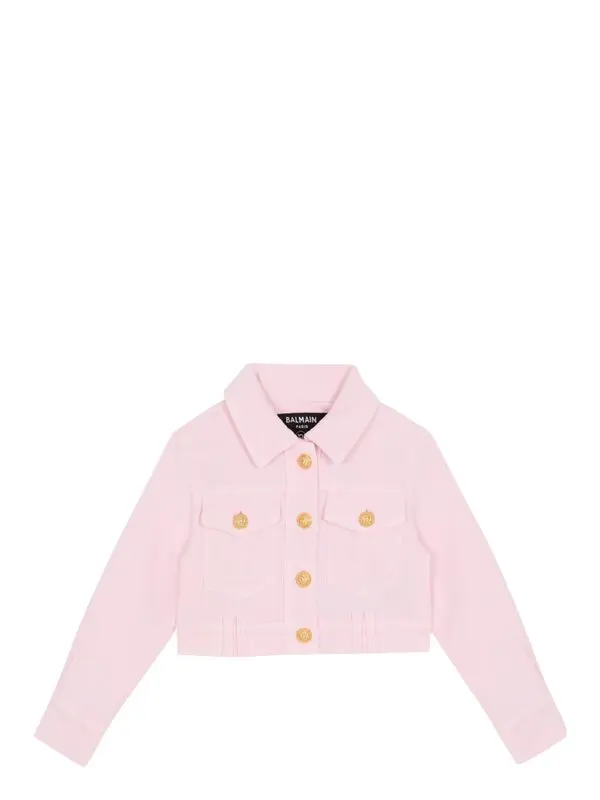 Balmain Cropped Denim Jacket With Gold Buttons - Pink