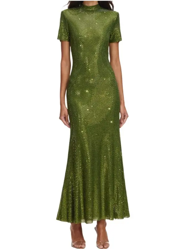 SELF-PORTRAIT Embellished Round Neck Maxi Dress - Green