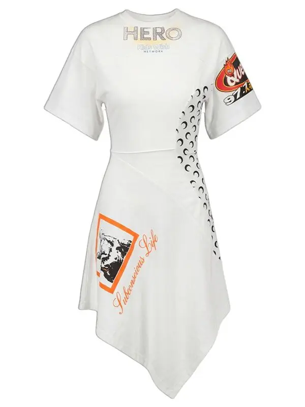 MARINE SERRE Asymmetrical Printed Crewneck Short Sleeve Dress - White