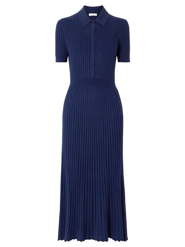 Gabriela Hearst Short Sleeve Ribbed Collared Midi Dress - Navy Blue