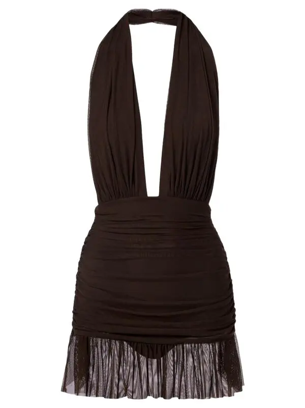 Norma Kamali Halterneck Ruched Mini Dress - Brown