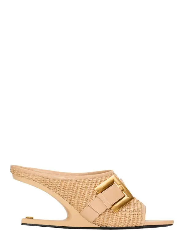 Balmain Anthem Woven Raffia Mules With Gold Buckle - Nude