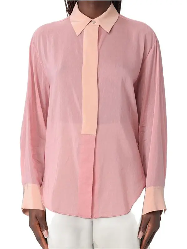 FORTE_FORTE Long Sleeve Shirt With Turn-down Collar And Curved Hem - Pink