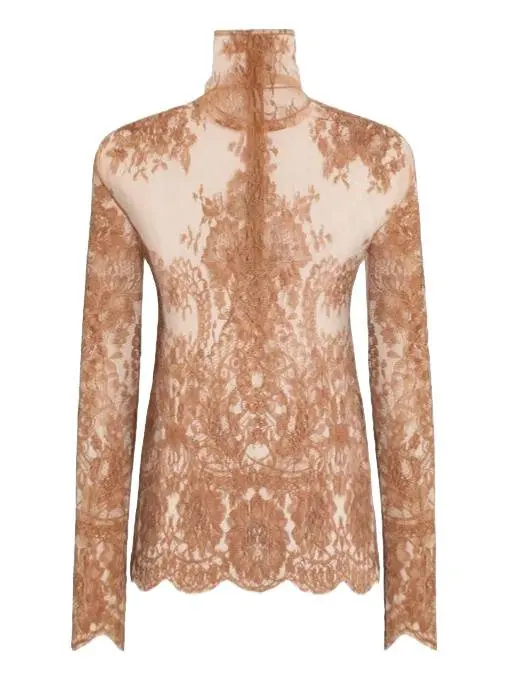 Dolce & Gabbana Chantilly Lace High Neck Blouse - Beige