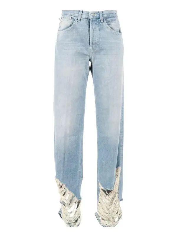 DONDUP Straight Leg Distressed Jeans With Frayed Hem - Light Blue