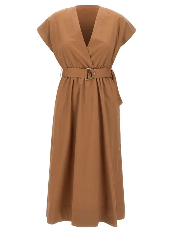 KAOS Belted V-neck Midi Dress - Tobacco