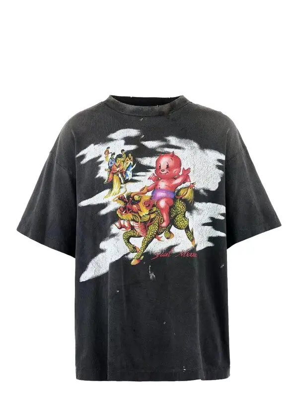 SAINT MXXXXXX Graphic-print Distressed T-shirt - Black