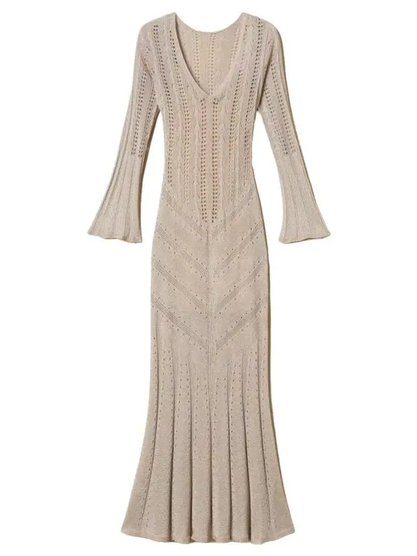 TWINSET Openwork V-neck Knitted Maxi Dress With Bell Sleeves - Nude