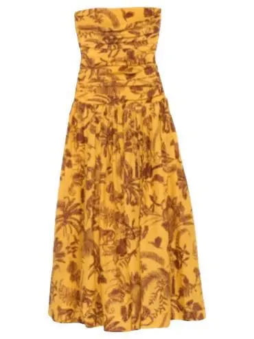 ALEMAIS Ruched Floral Print Strapless Dress - Brown