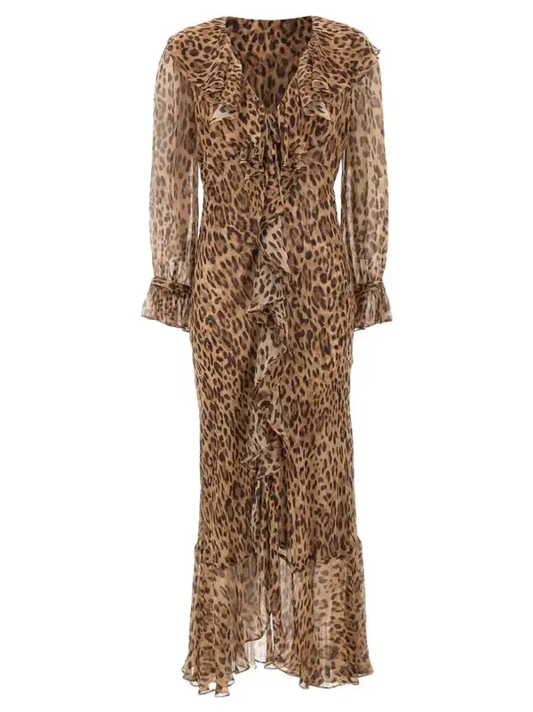 Rixo Animal Print V-neck Long Sleeve Maxi Dress - Brown